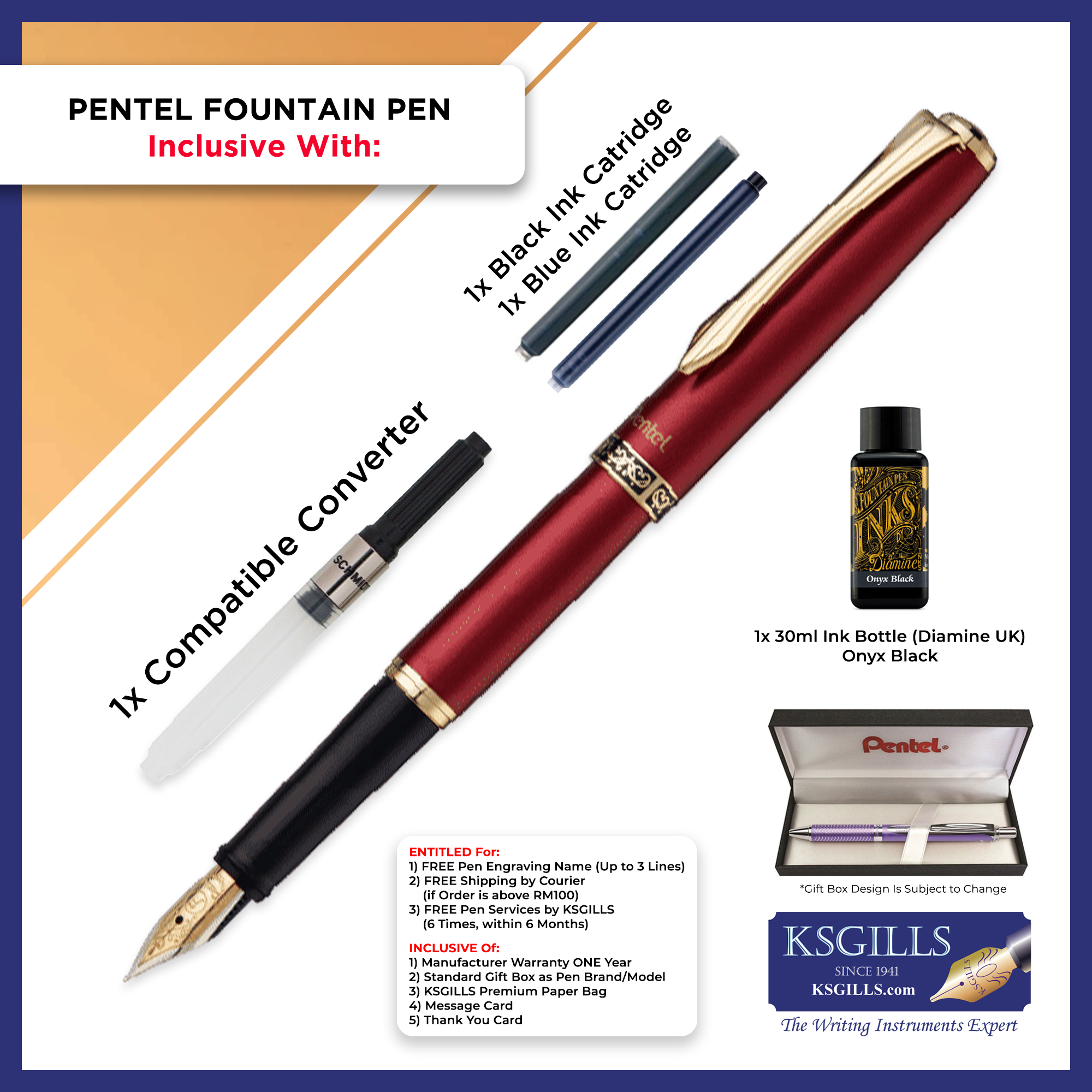 KSG set - Pentel PREMIUM Sterling Fountain Pen SET - Garnet (Red Dark ...